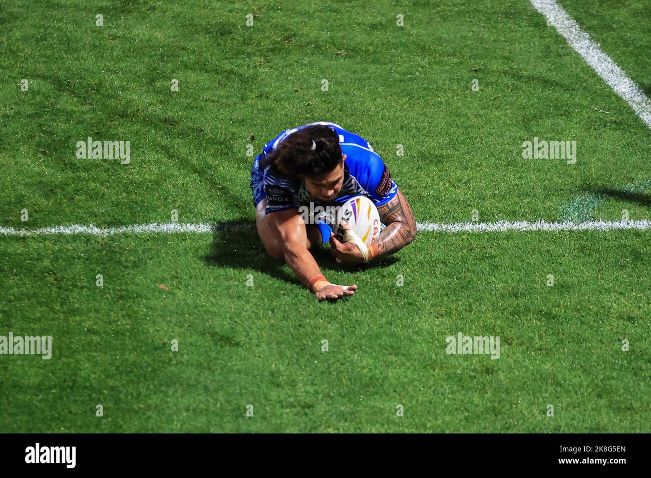 Tim Lafai of Samoa goes over for a try during the Rugby League World ...