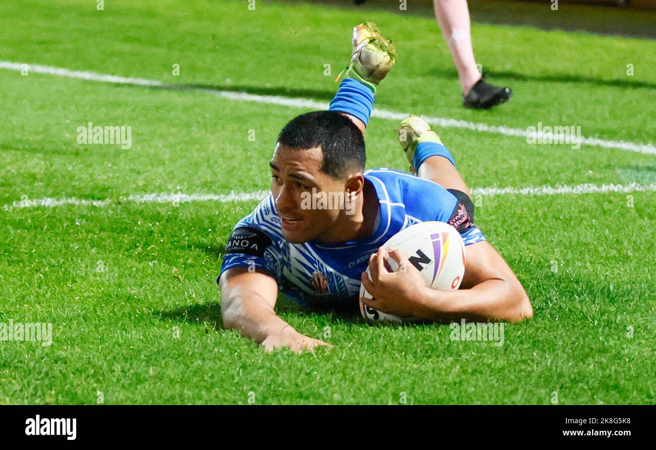 Samoa's Matt Feagai scores a try during the Rugby League World Cup ...