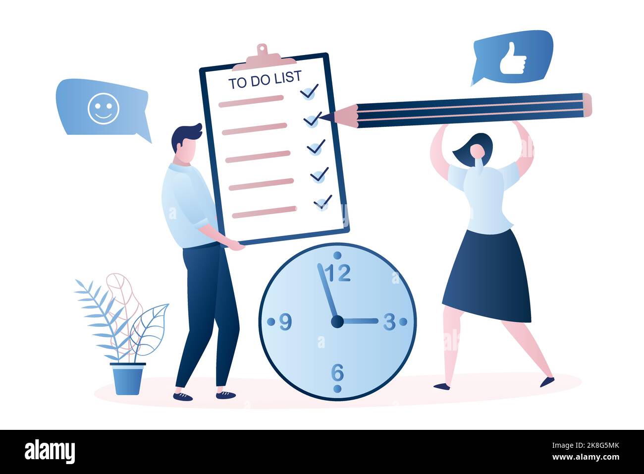 Man employee holding task planner and businesswoman with big pencil ...