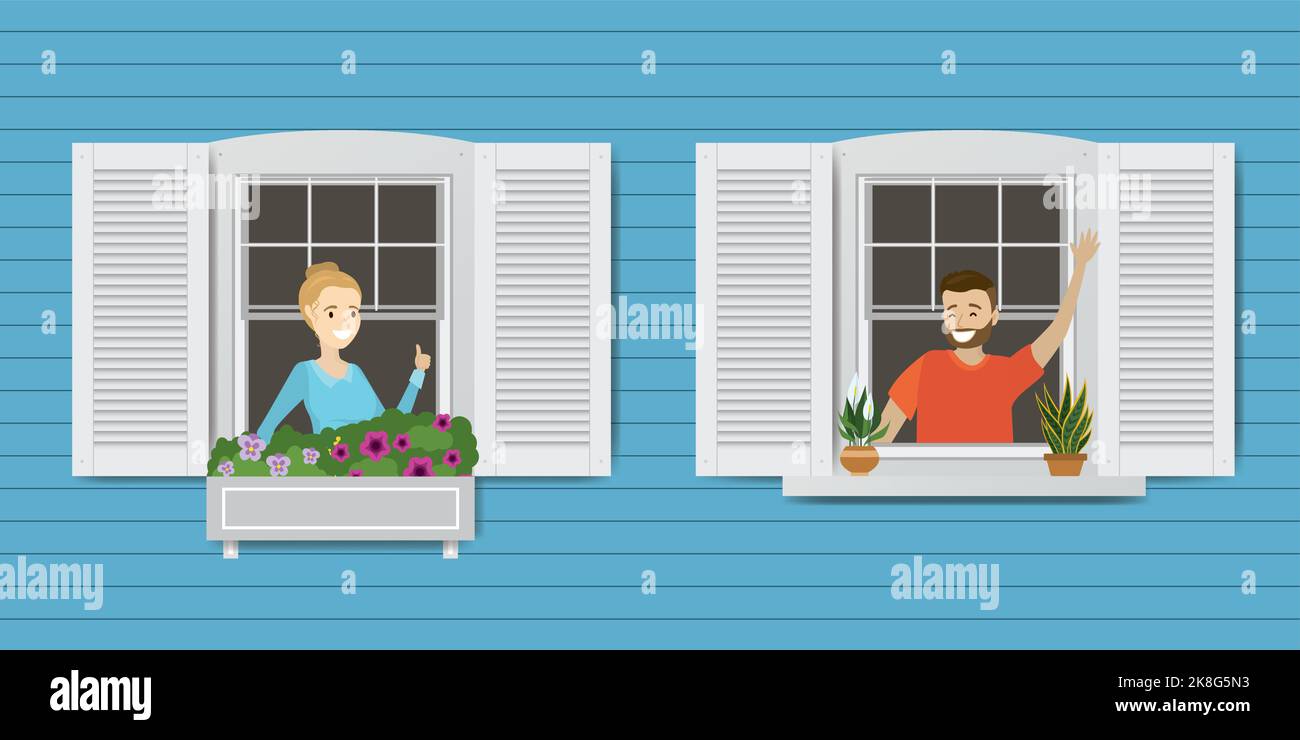 The outer wall of the house with windows. Happy people look out of ...