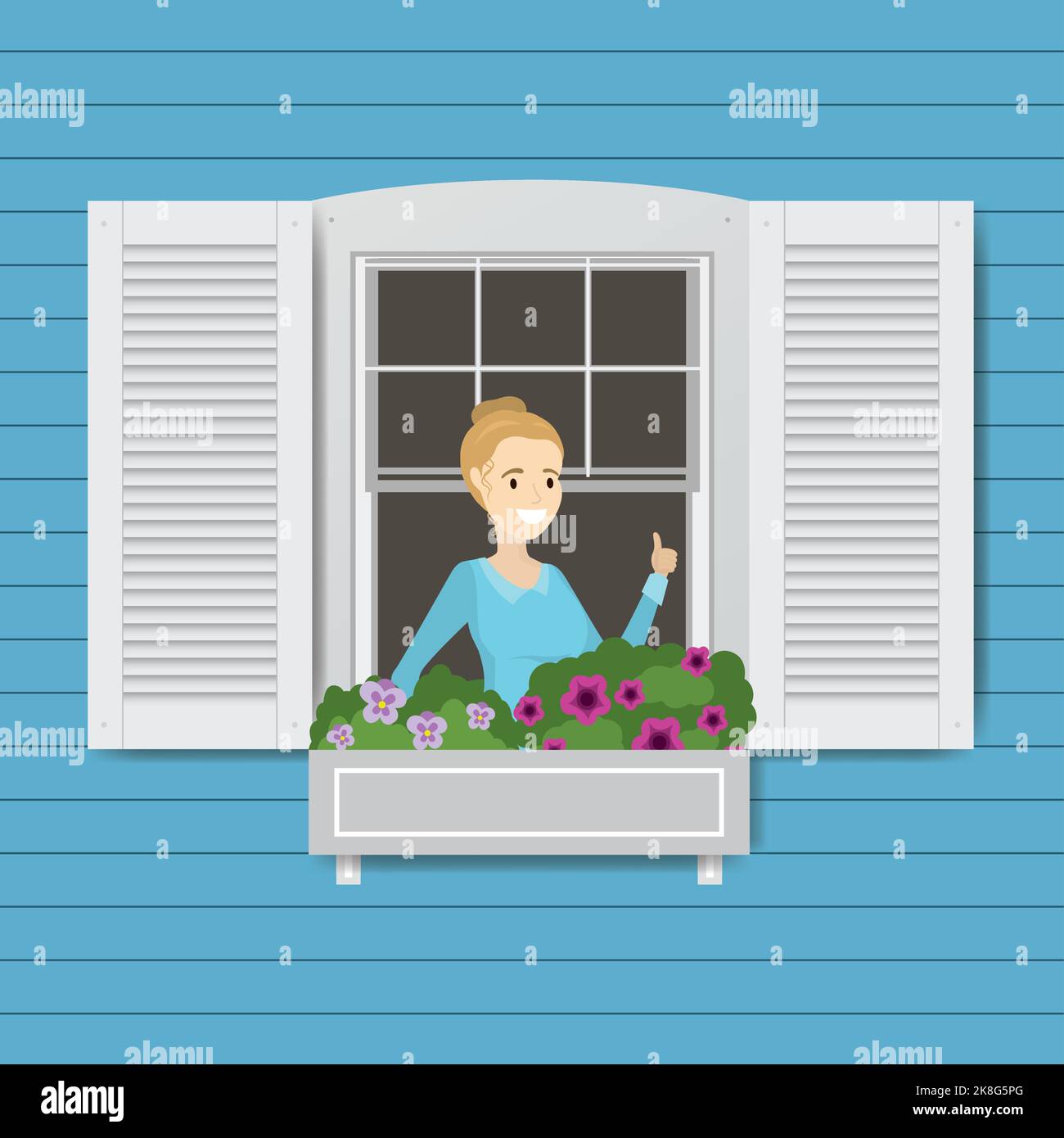 Beautiful caucasian woman looks out the open window. Cartoon window ...