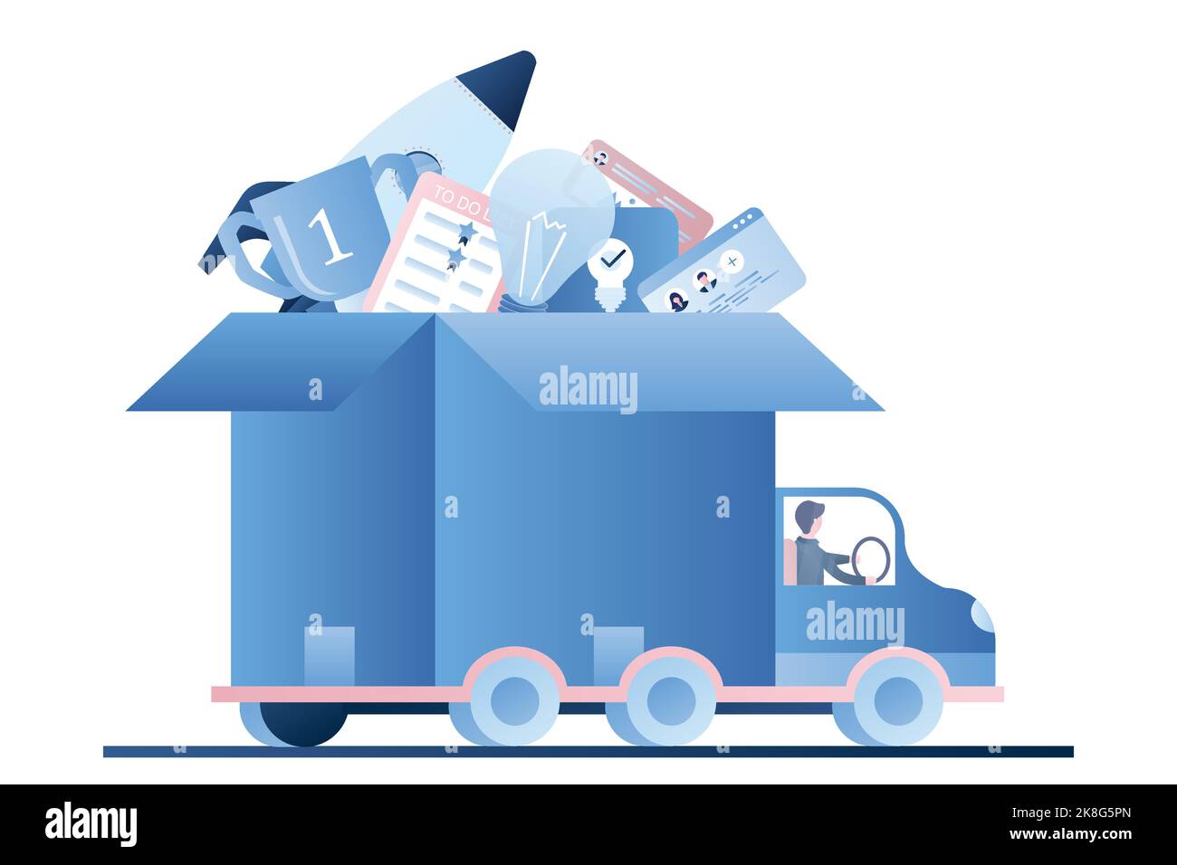 Truck with various business elements and apps in open box. Driver in ...