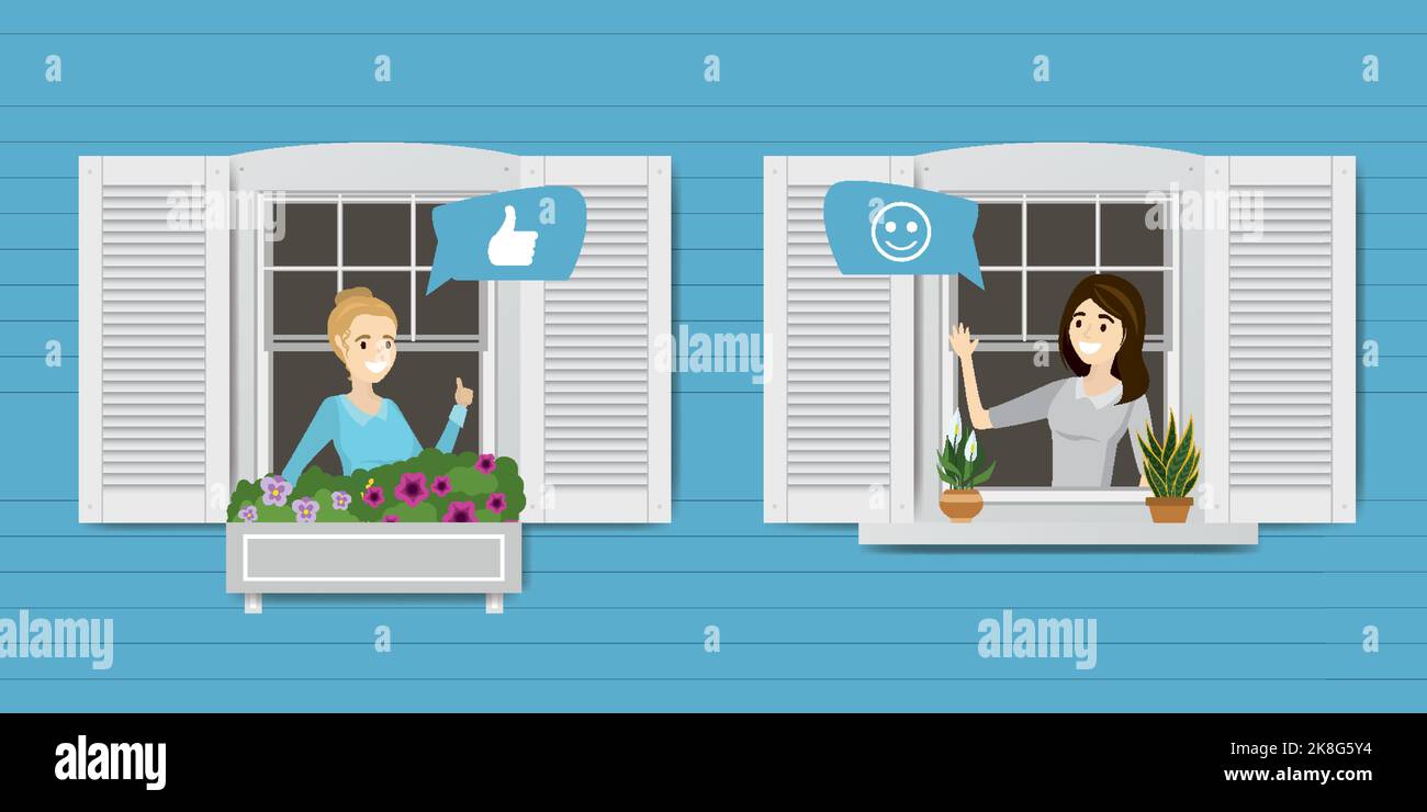 The outer wall of the house with windows. Happy women look out of ...