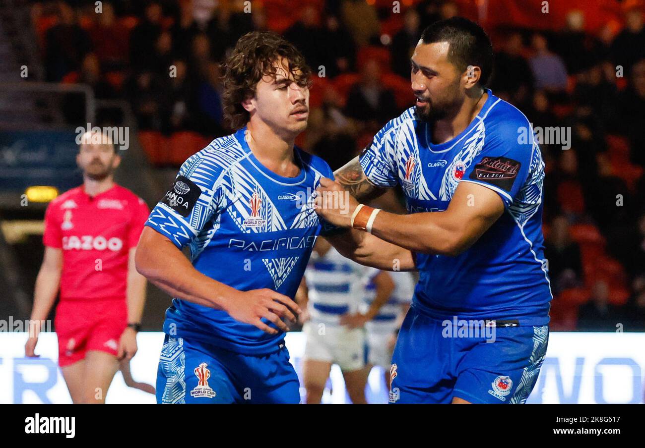 Samoa's Chanel Harris-Tavita (left) celebrates after scoring a try with ... Samoa's Chanel Harris-Tavita (left) celebrates after scoring a try with ...