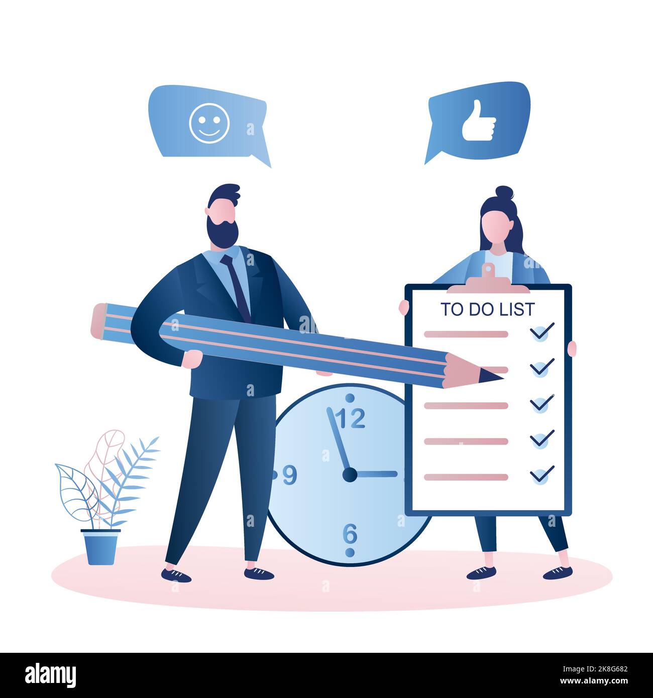 Employee holding task planner and businessman with big pencil. Time ...