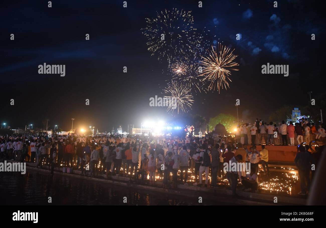 AYODHYA, INDIA - OCTOBER 23: Fireworks seen during Deepotsav ...