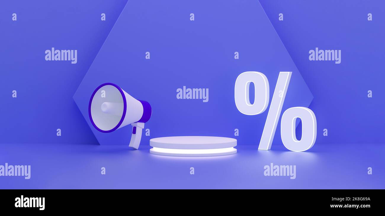 Podium with a discount sign and a megaphone on each side on purple ...