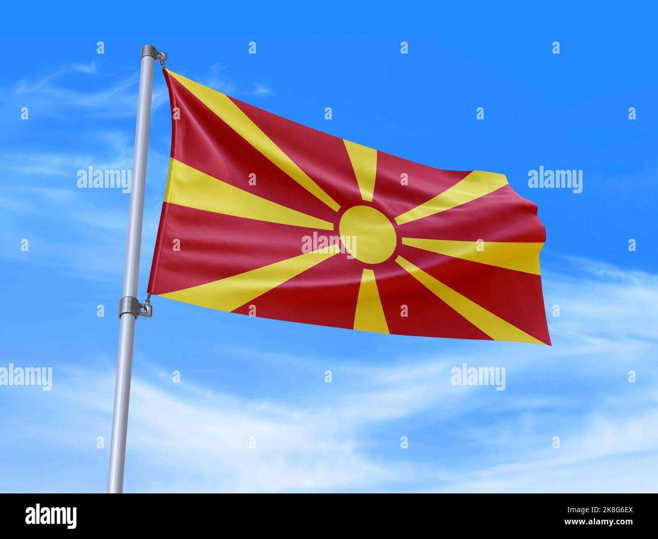 Beautiful North Macedonia flag waving in the wind with sky background ...