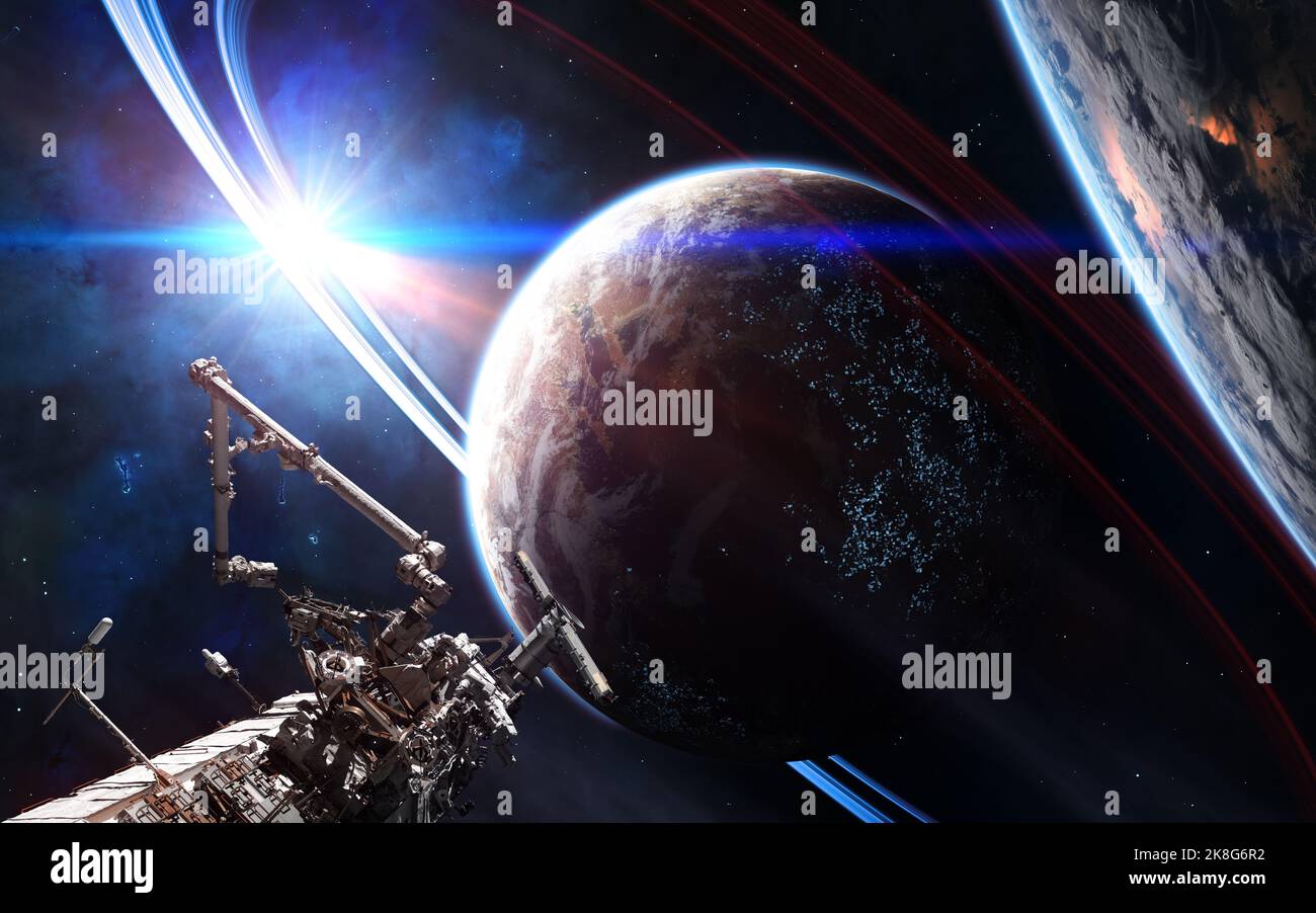 Inhabited deep space planets in light of bright star, orbiting space ...