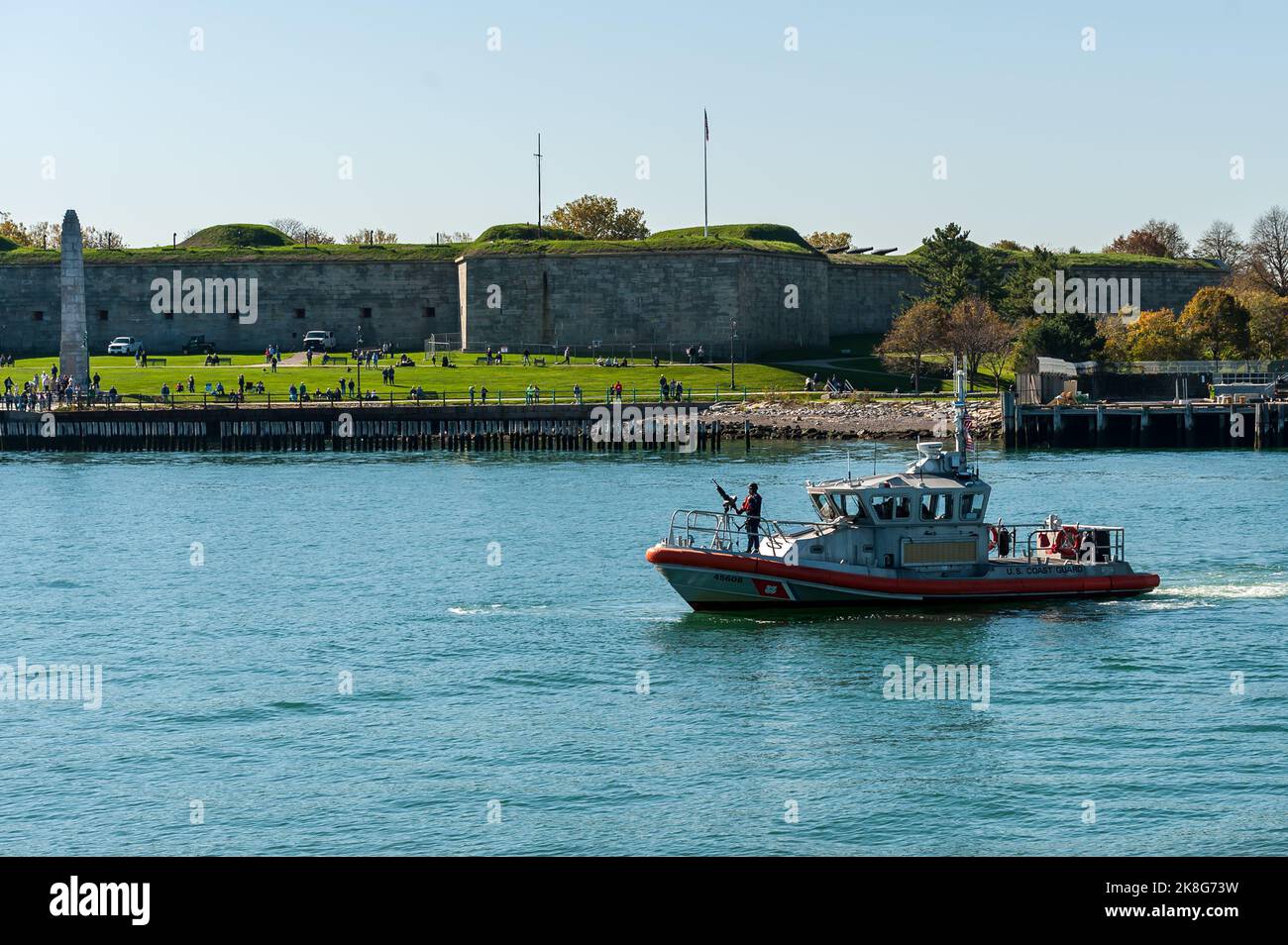 Coast Guard boat at Castle Island protecting USS Constitution during ...