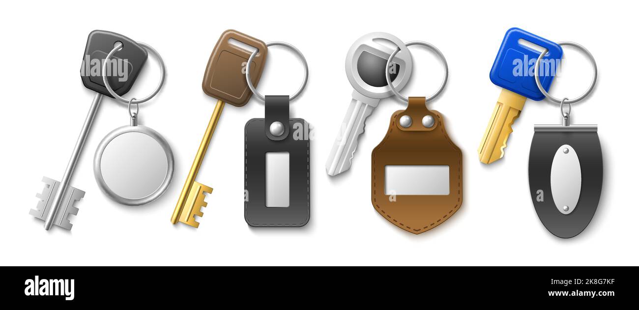 Keys with key chains. Realistic isolated keychains, leather and metal ...