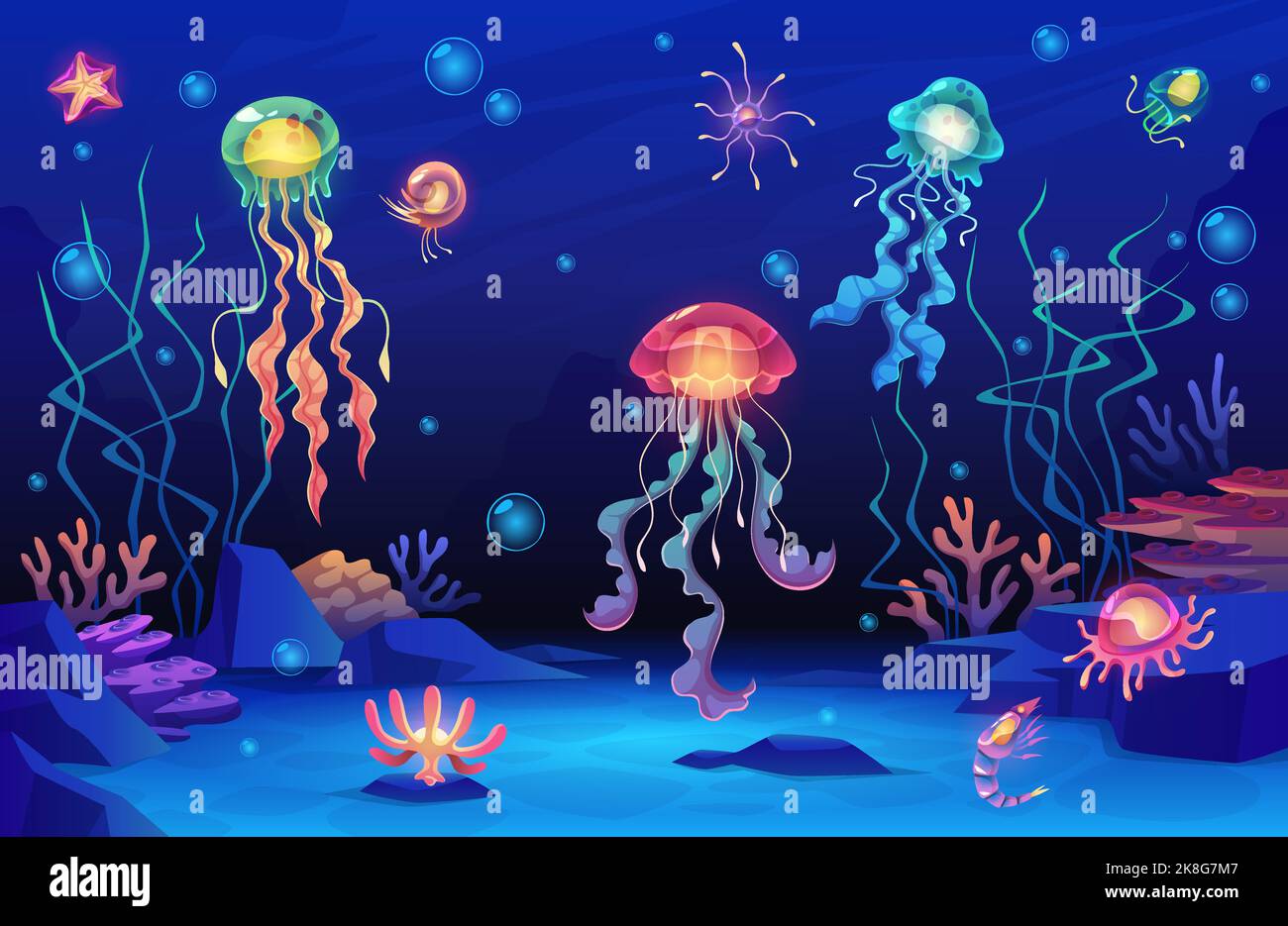 Cartoon jellyfish background. Ocean deep water life, glowing creatures ...