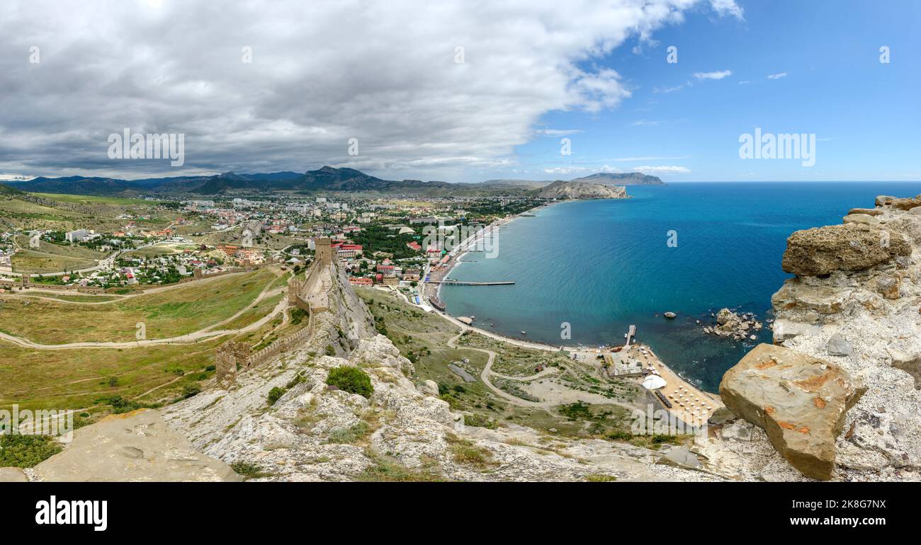 Scenic panorama of Sudak town valley and coastline from top of Genoese ...