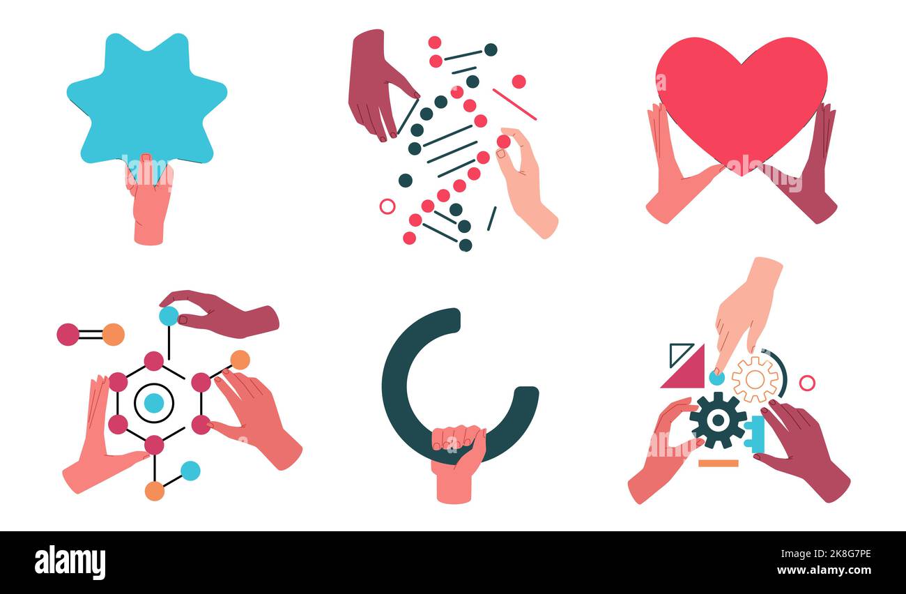 Hands holding geometric shapes. Human multinacional arms with different ...