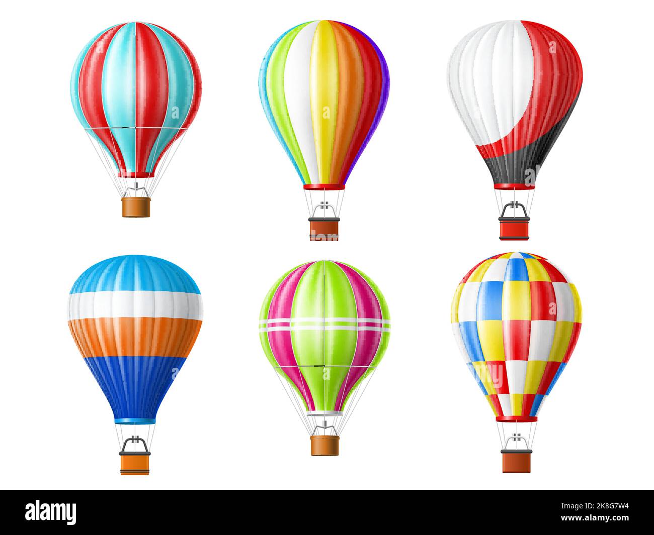 Realistic airship. 3d isolated hot air balloons with baskets ...
