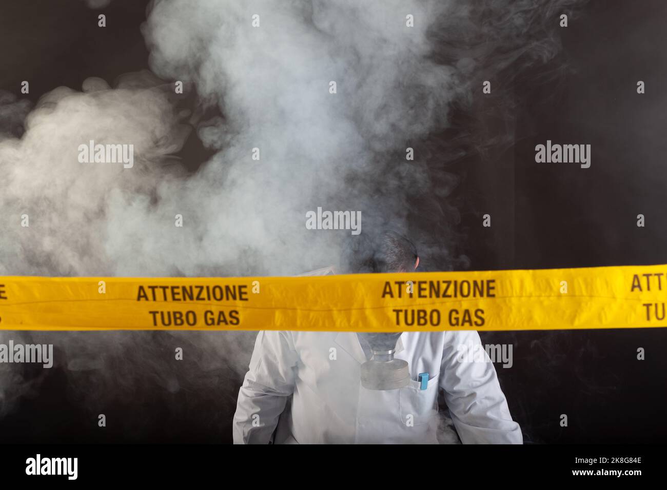 A medical engineer wearing an antigas mask during the gas leaks crisis ...