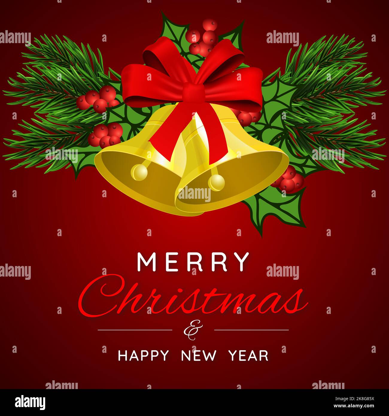 Christmas banner with fir tree, bells and holly berry. Christmas bells ...