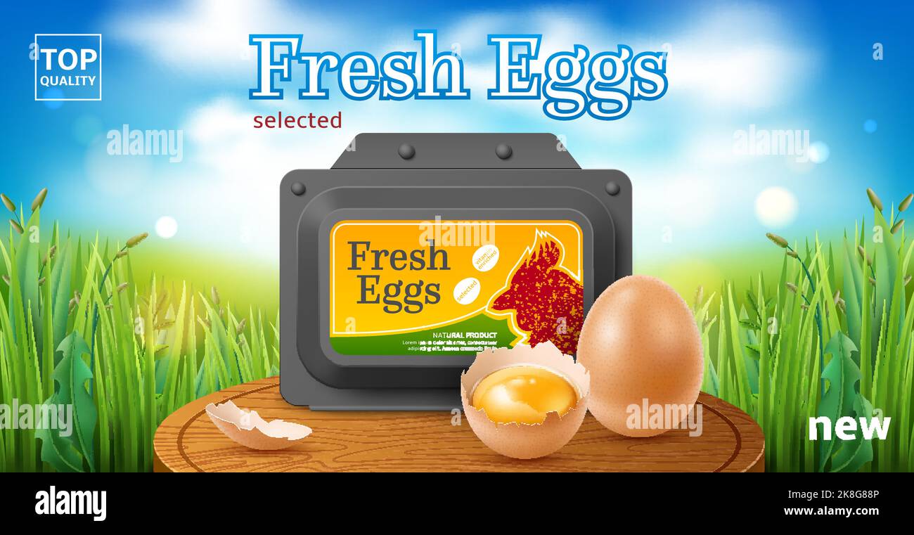 Realistic eggs poster. Cardboard packaging, farm fresh product, natural ...