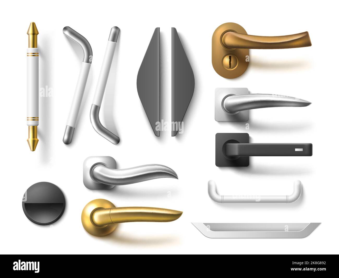 Realistic metal door handles. Isolated interior accessories, furniture steel, chrome and bronze ...