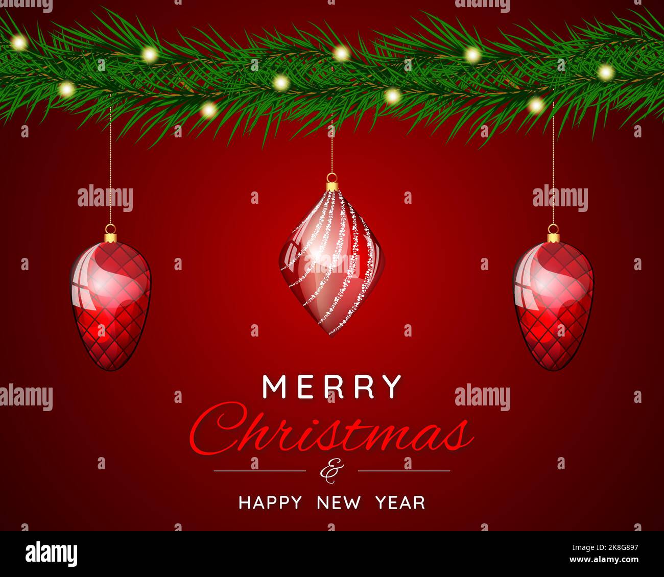 Christmas banner with fir tree branches, balls and garland. Christmas ...
