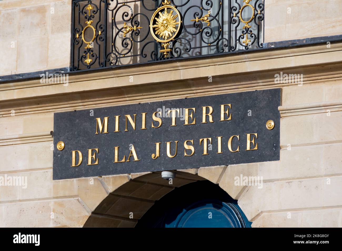 Sign at the entrance to the French Ministry of Justice, also called ...