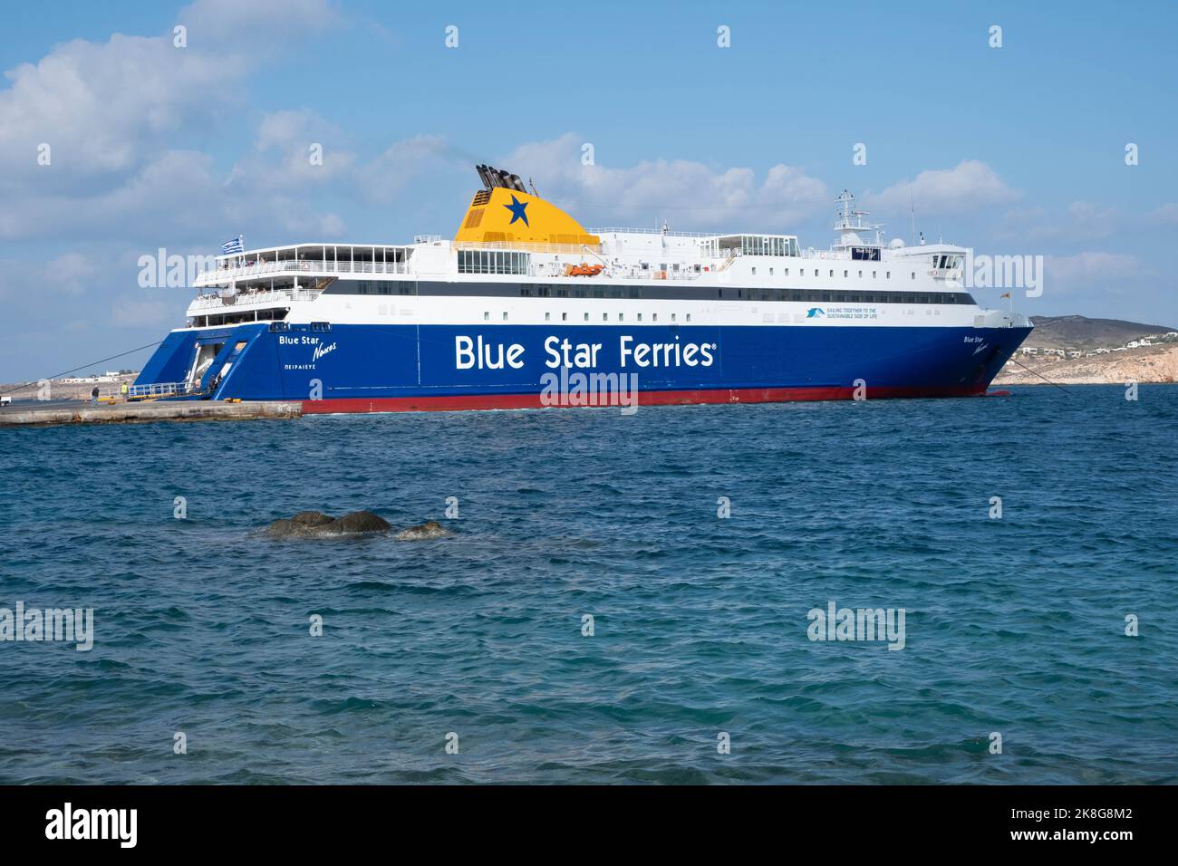Blue Star Ferries boat at the dock on the Greek island of Paros Stock ...