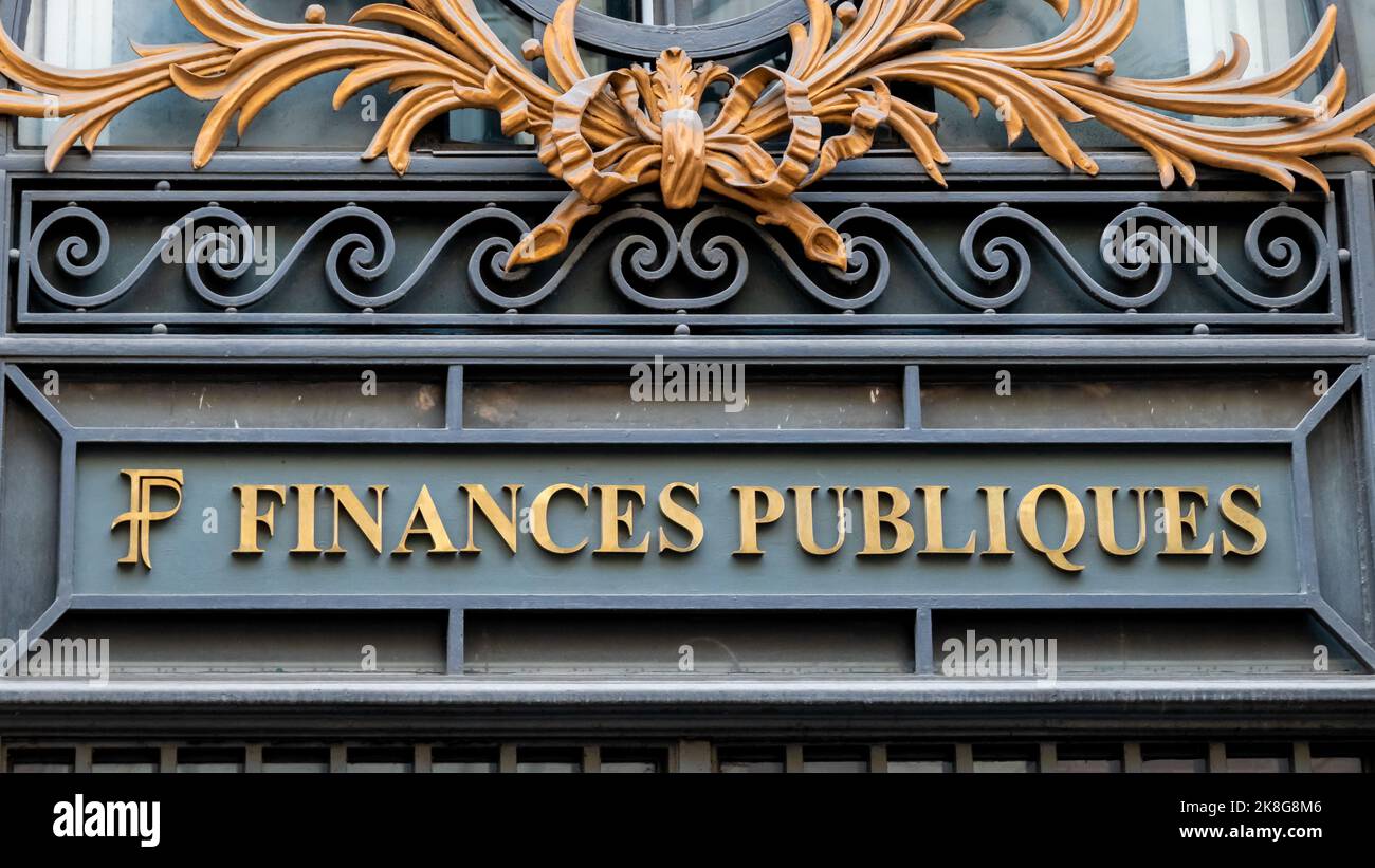 Sign and logo at the entrance to a French public finance center, an ...