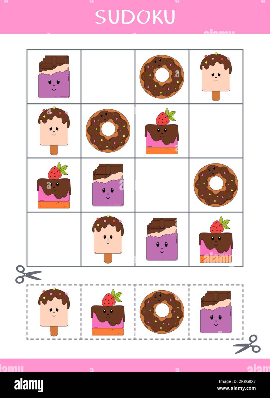 Sudoku for kids. Simple logic game. Cut and glue Stock Photo - Alamy