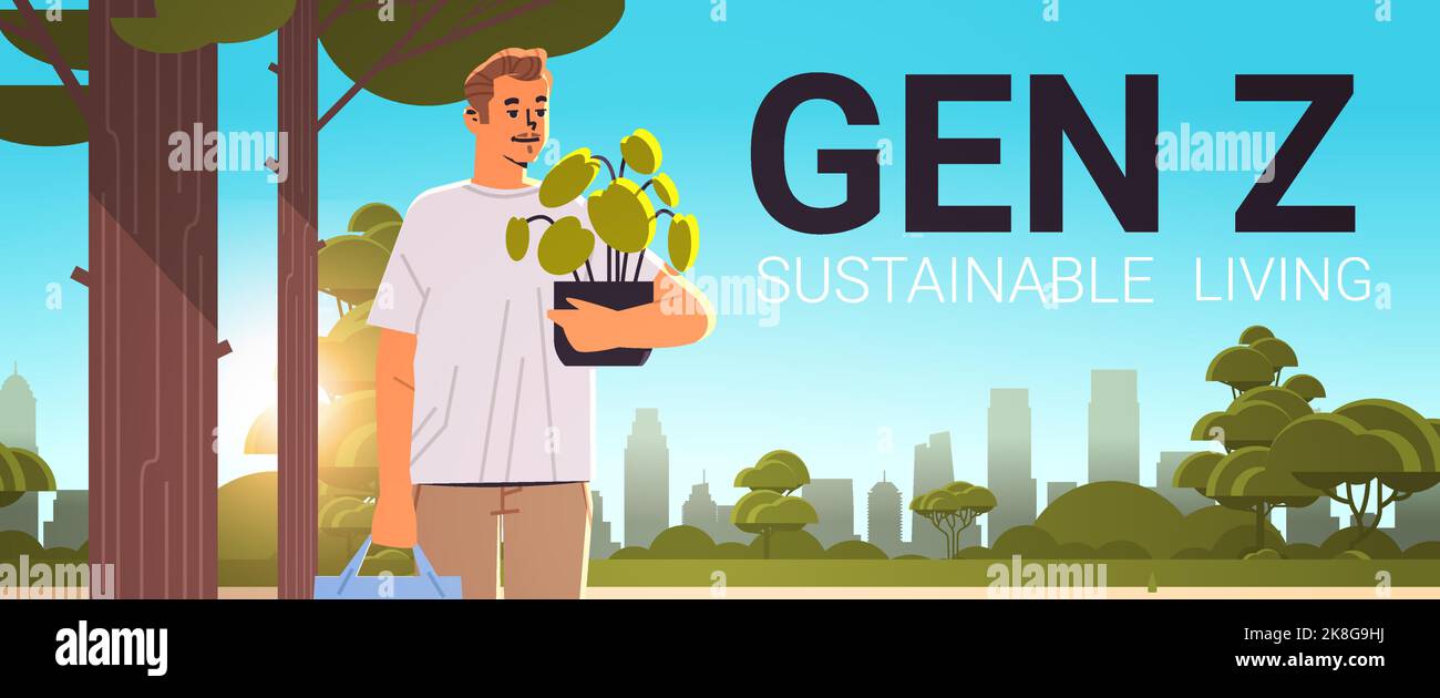 young guy holding potted plant generation Z lifestyle concept new ...