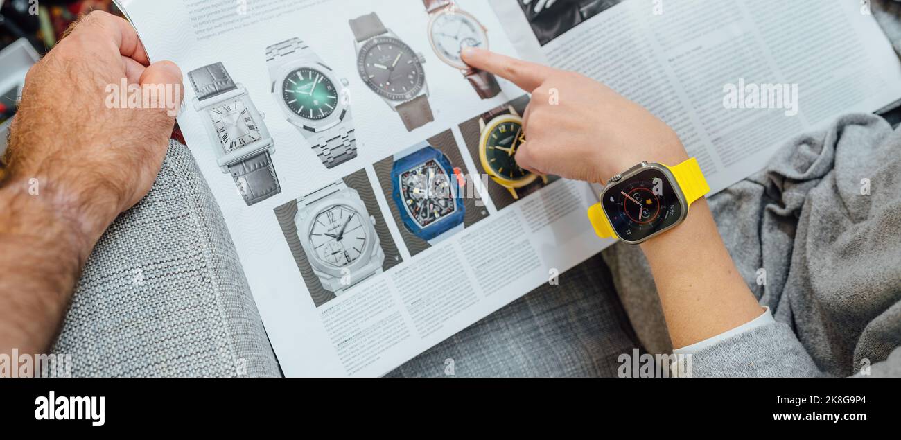 London, United Kingdom - Sept 28, 2022: Overhead view of Couple reading ...