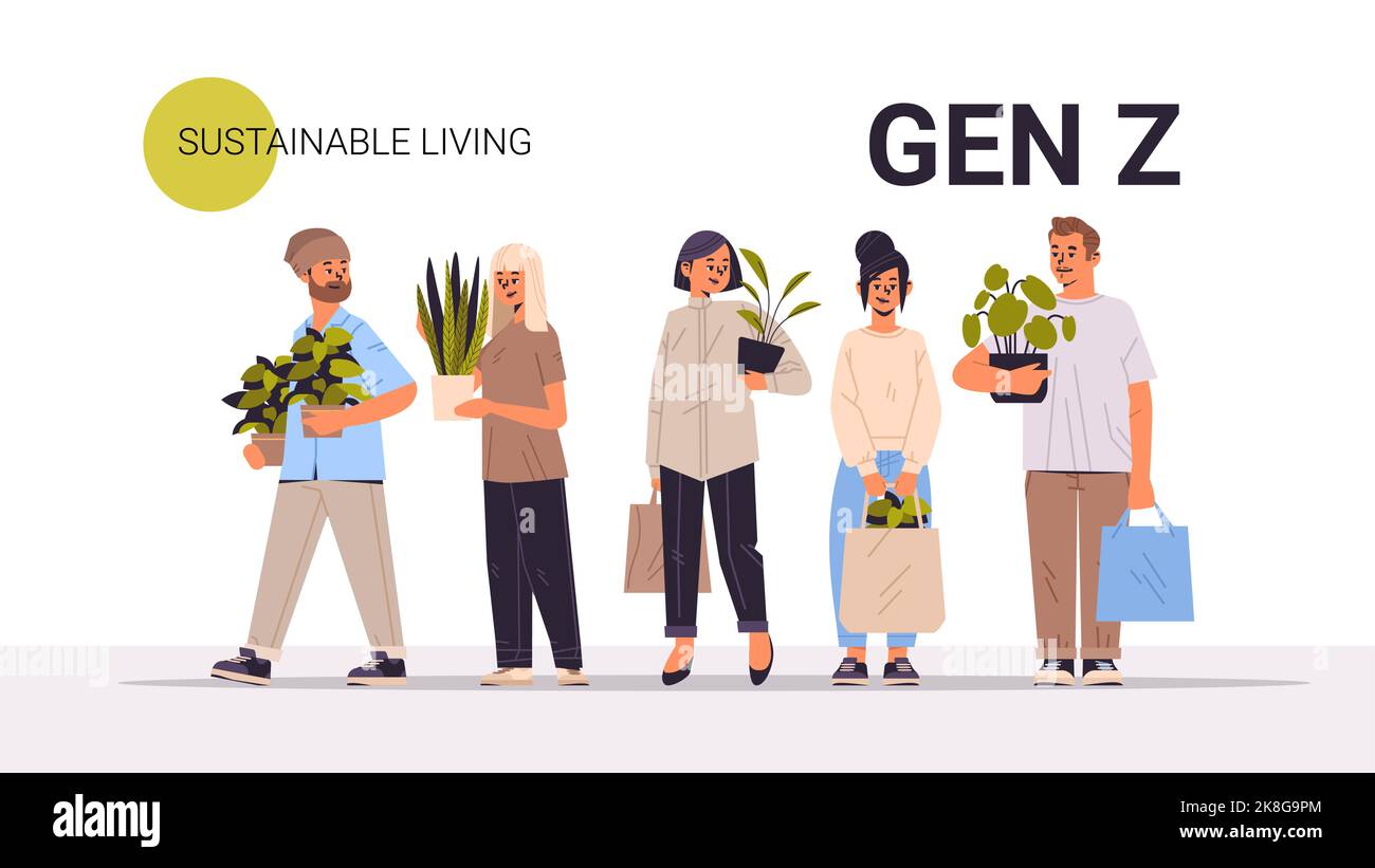 mix race people holding potted plants generation Z sustainable living ... mix race people holding potted plants generation Z sustainable living ...