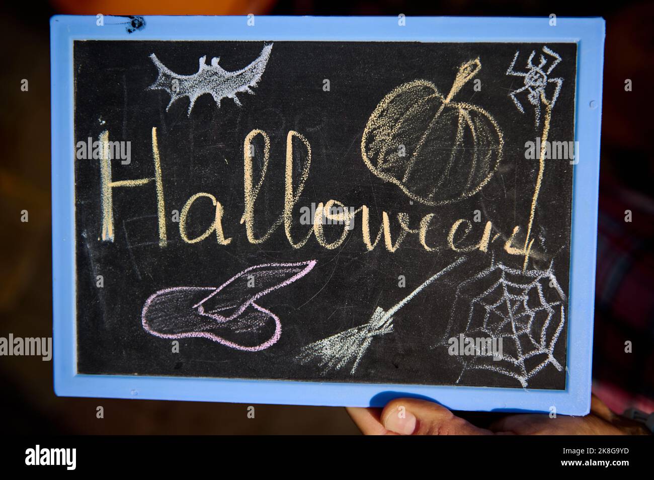 Close-up a blackboard with lettering Halloween and drawn cobweb and ...