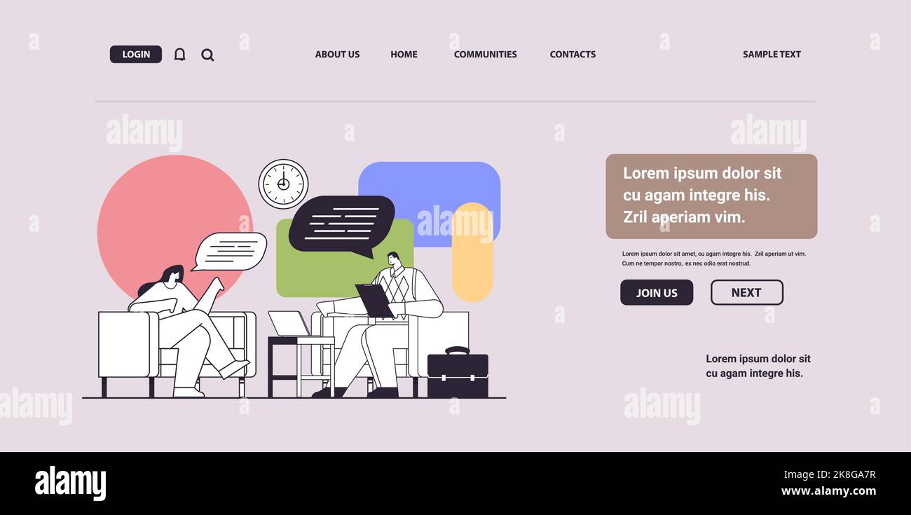 businesspeople couple with chat bubbles discussing during business ...