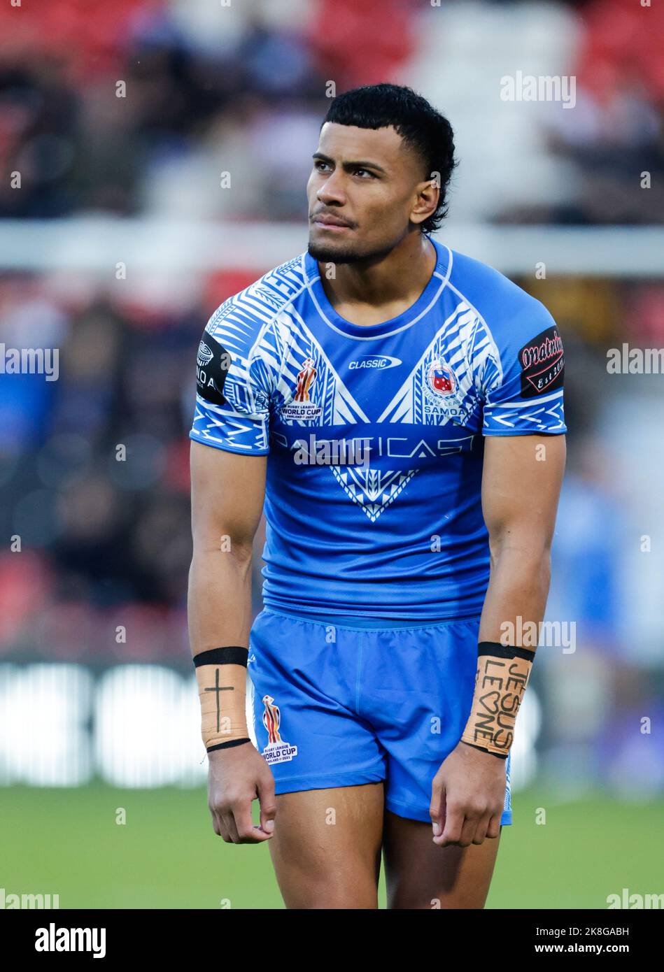 Samoa's Stephen Crichton prepares to kick during the Rugby League World ...