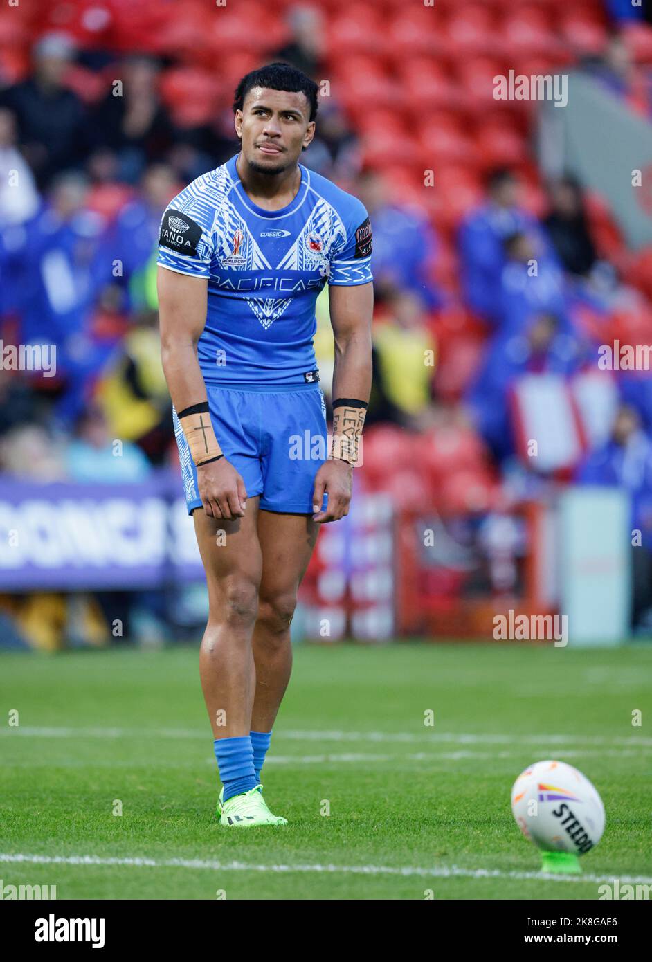 Samoa's Stephen Crichton prepares to kick during the Rugby League World ...
