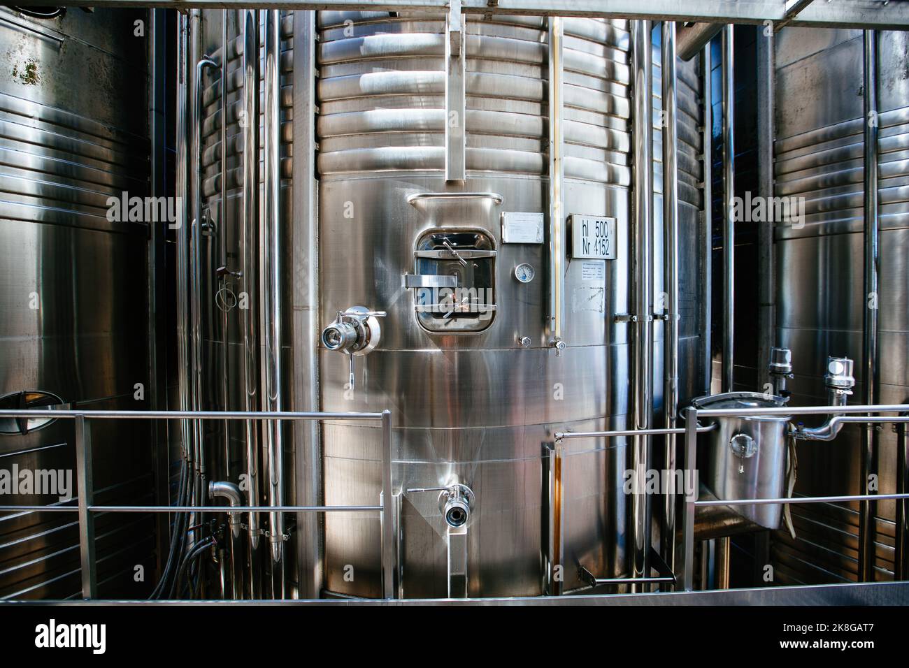 Thermometer or pressure gauge on fermentation vat in modern winery ...