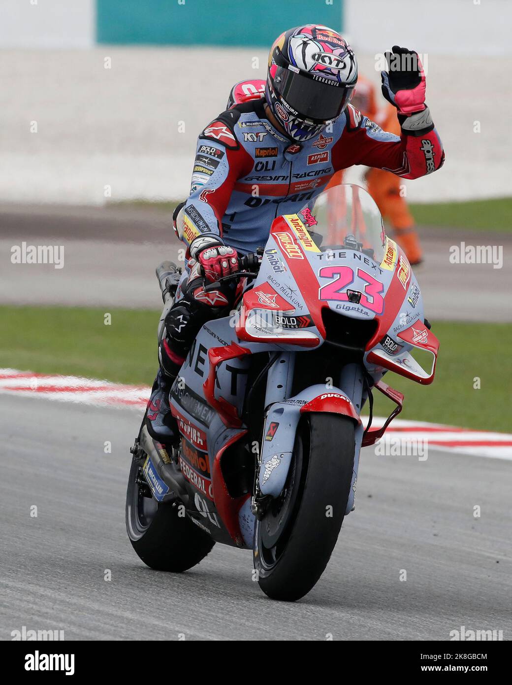 Italian rider Enea Bastianini of Gresini Racing MotoGP waves to the ...