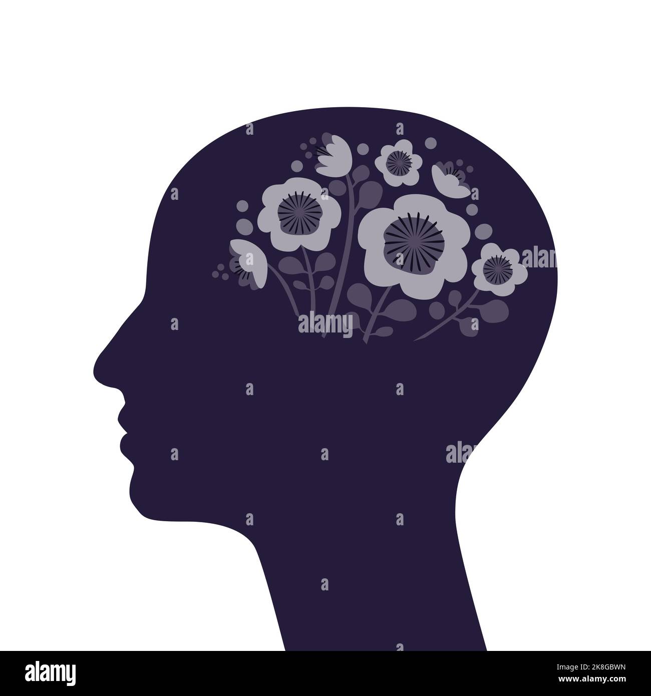 Flowers inside human head. Concept of mental health, creativity, growth ...