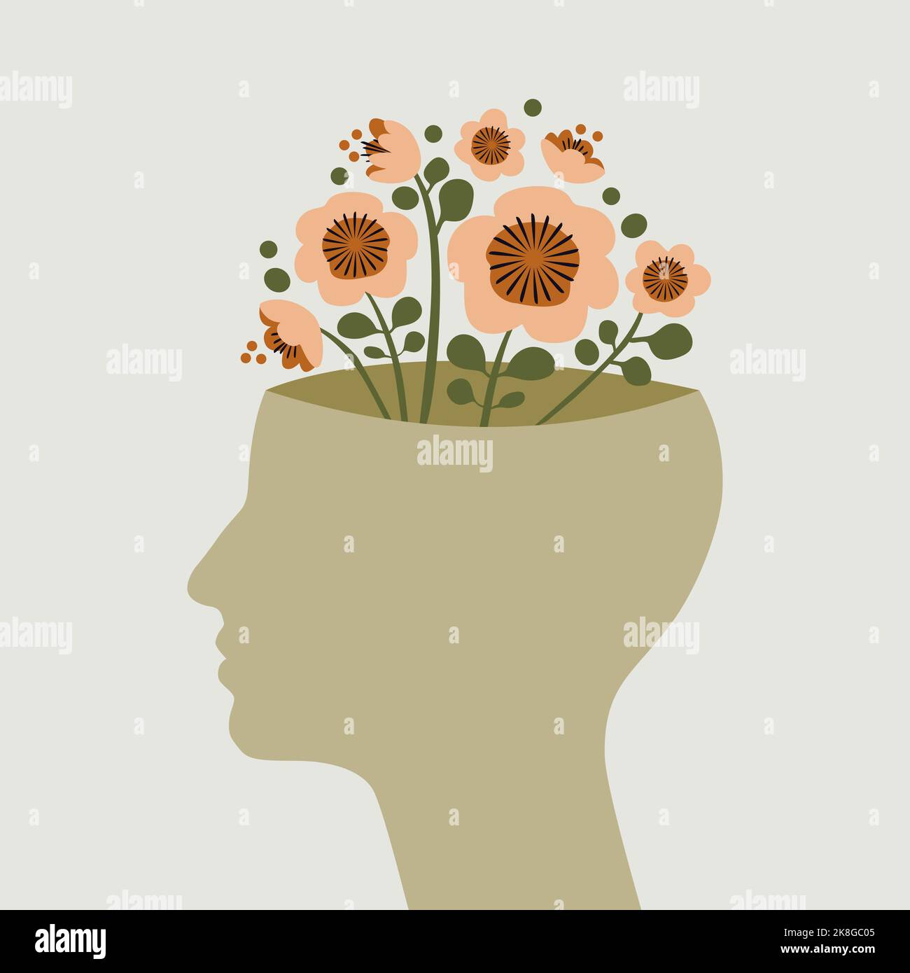 Flowers growing in human head. Concept of mental health, creativity ...
