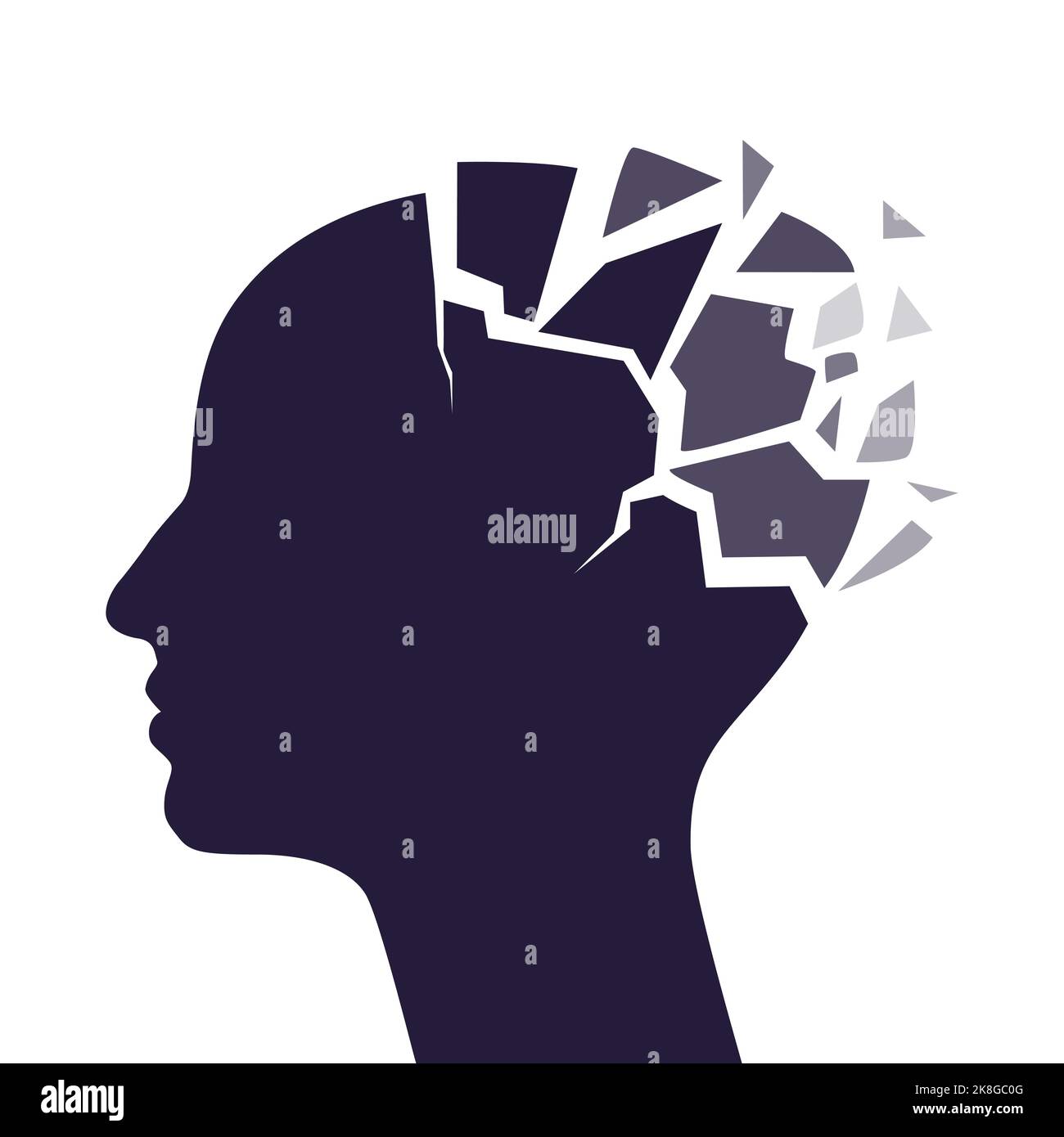 Human head breaking to pieces. Concept of mental disease, headache ...