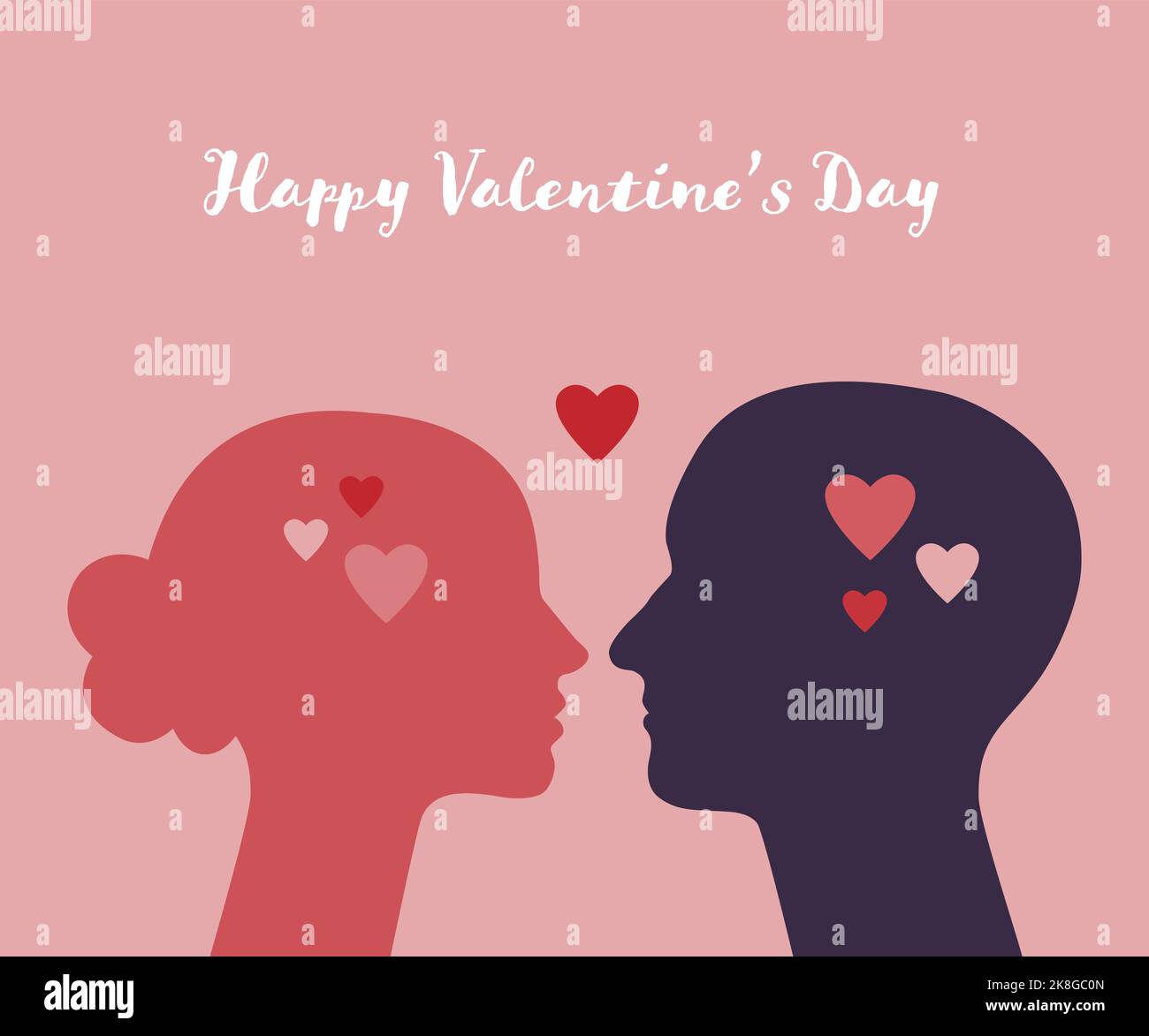 Valentine's Day card illustration. Silhouette heads of man and woman in ...