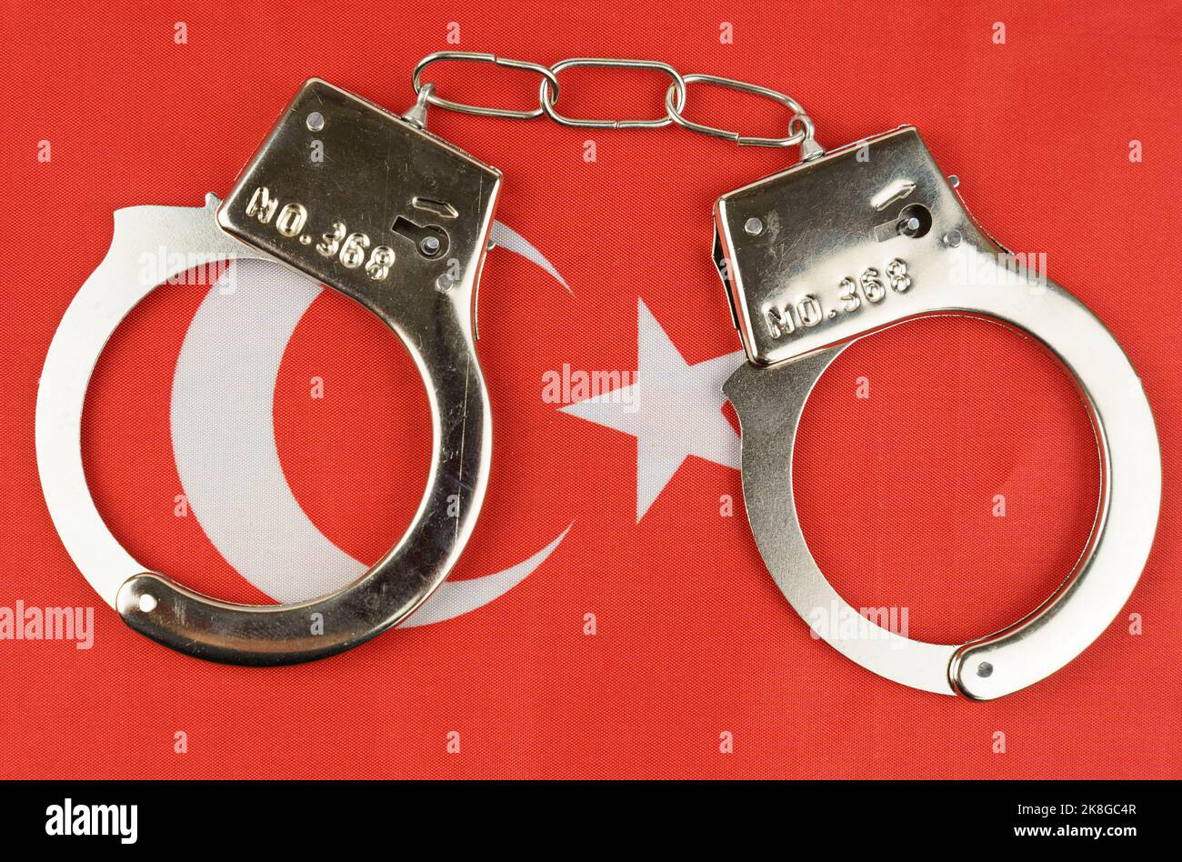 The concept of law and crime. There are handcuffs on the flag of Turkey ...
