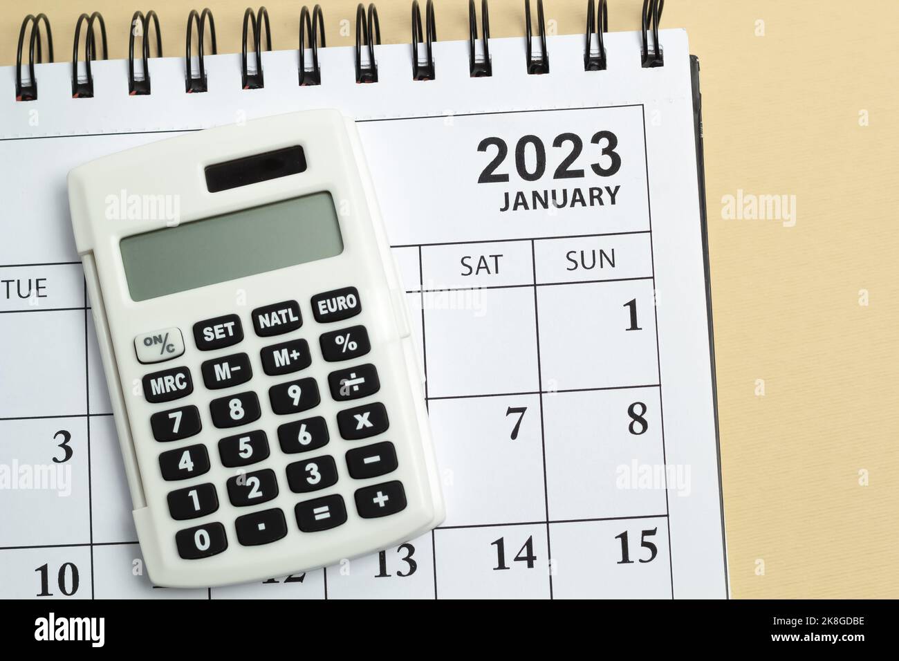 Calculator and calendar for January 2023. Annual report Stock Photo - Alamy
