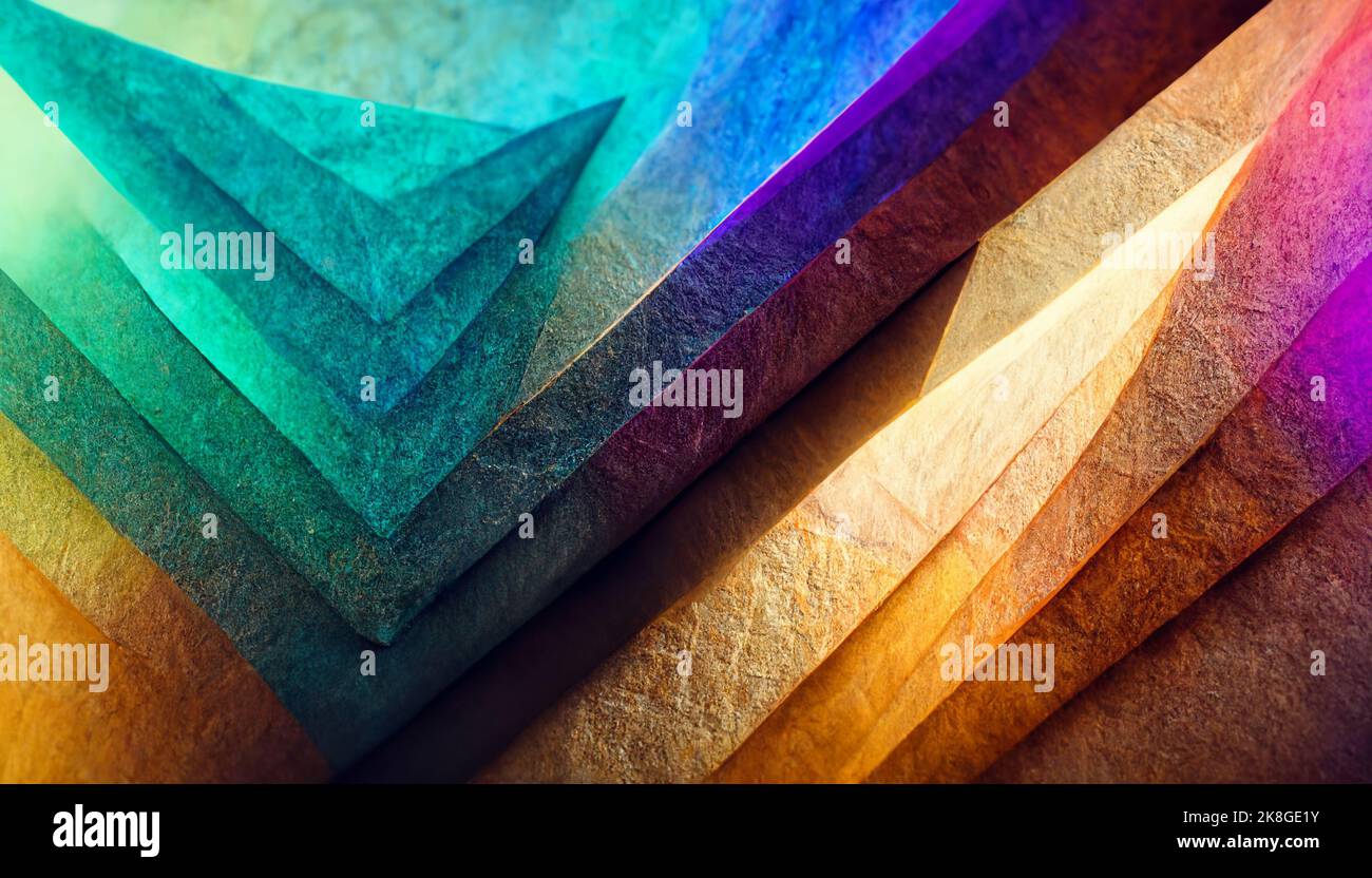 An abstract background triangular 3D shapes in a color gradient of red ...