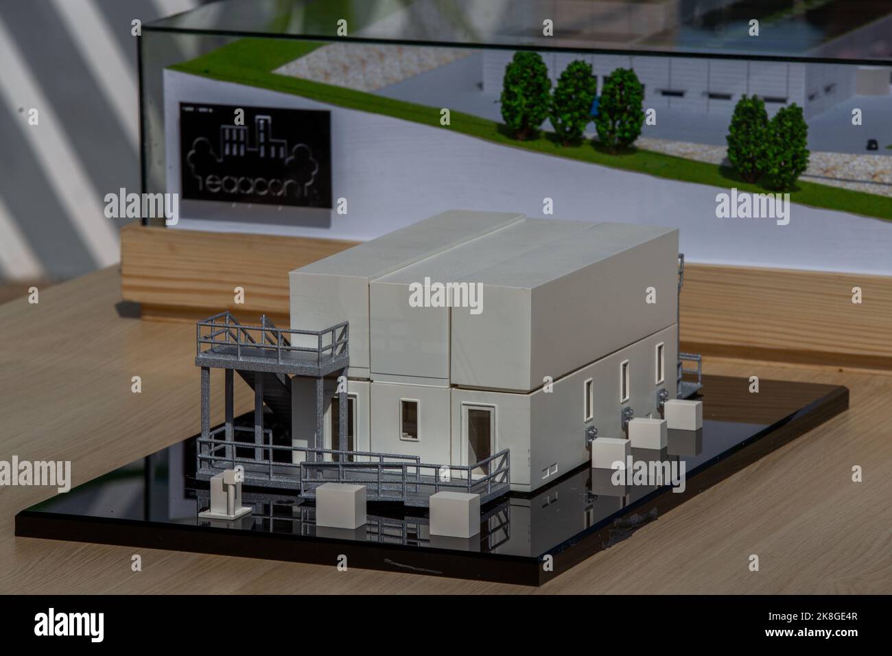 23 October 2022, Rwanda, Kigali: A model of the "BioNTainer" production ...