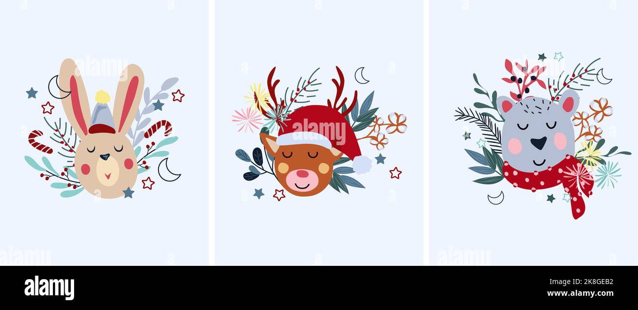 Winter cards with animals head, funny reindeer, cute polar bear in a ...