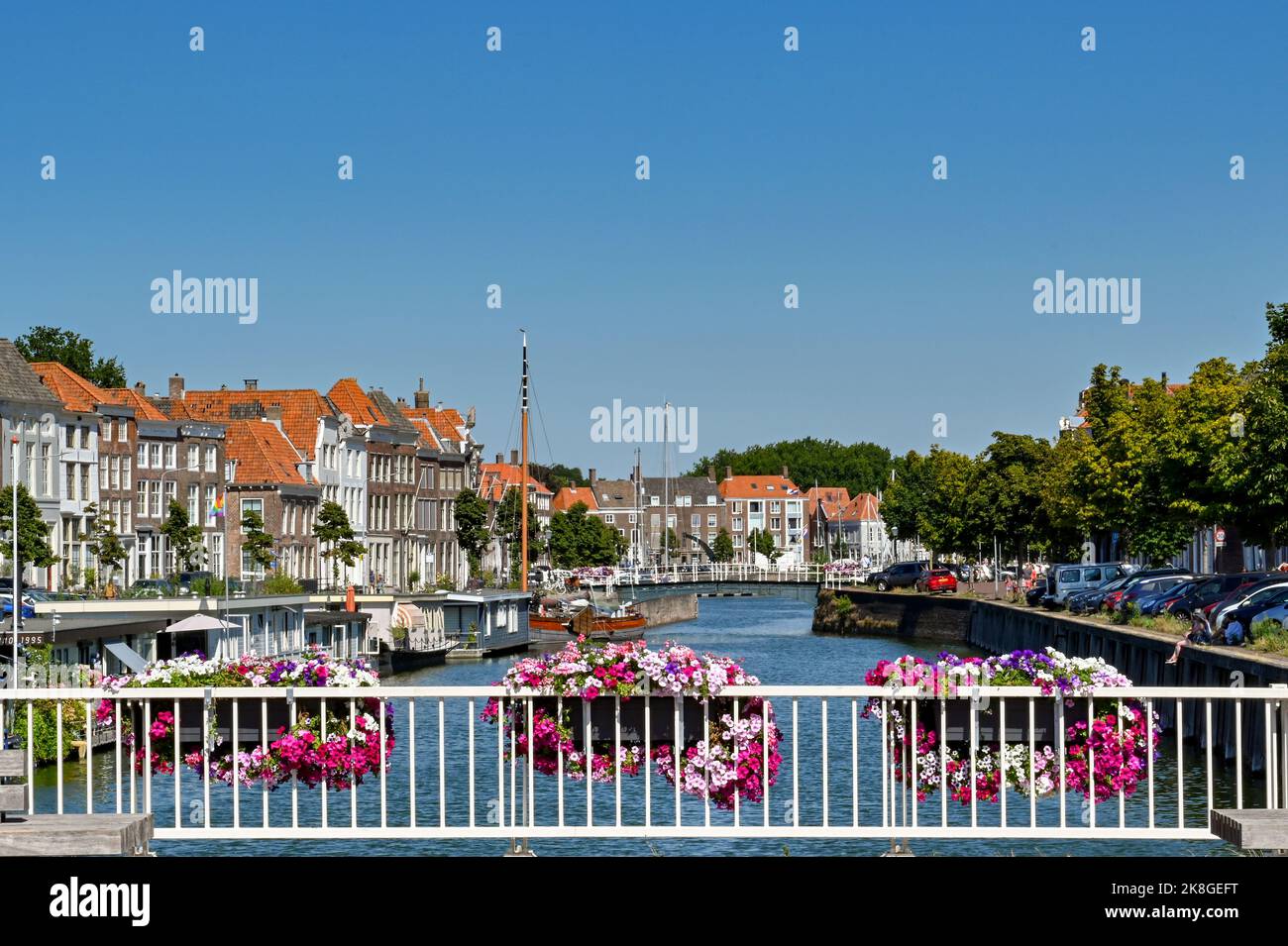 Middelburg, Netherlands - August 2022: Colourful baskets of flowers on ...