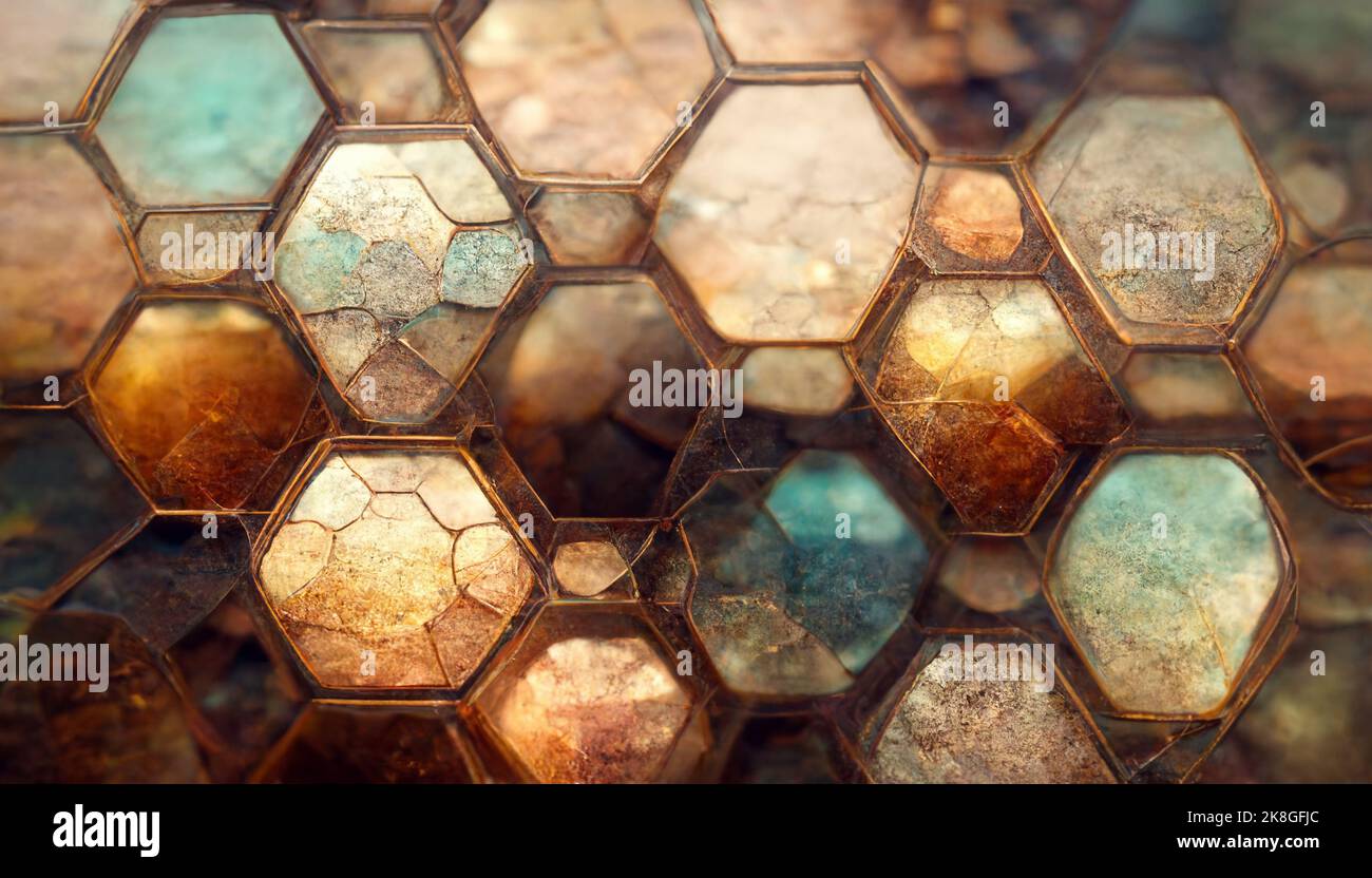 An abstract background of hexagons3D shapes in a colorful mineral ...