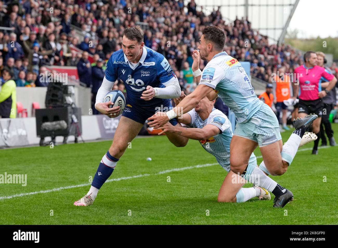 Tom Roebuck #14 of Sale Sharks drives for the try line during the ...