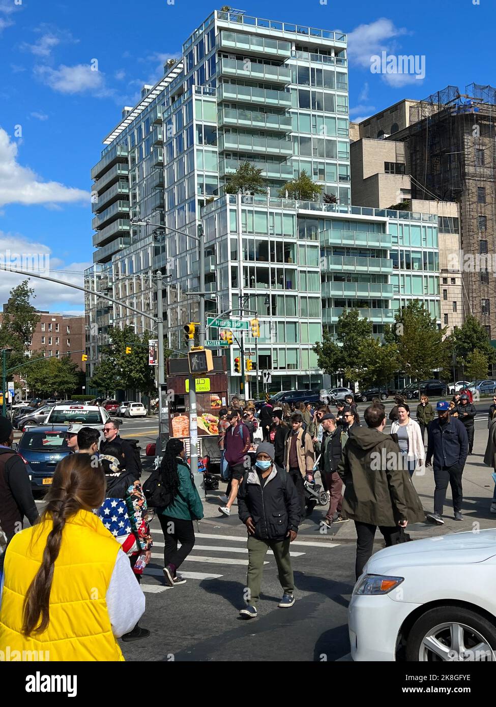 Busy crosswalk at Grand Army Plaza on a weekend by the farmers market ...